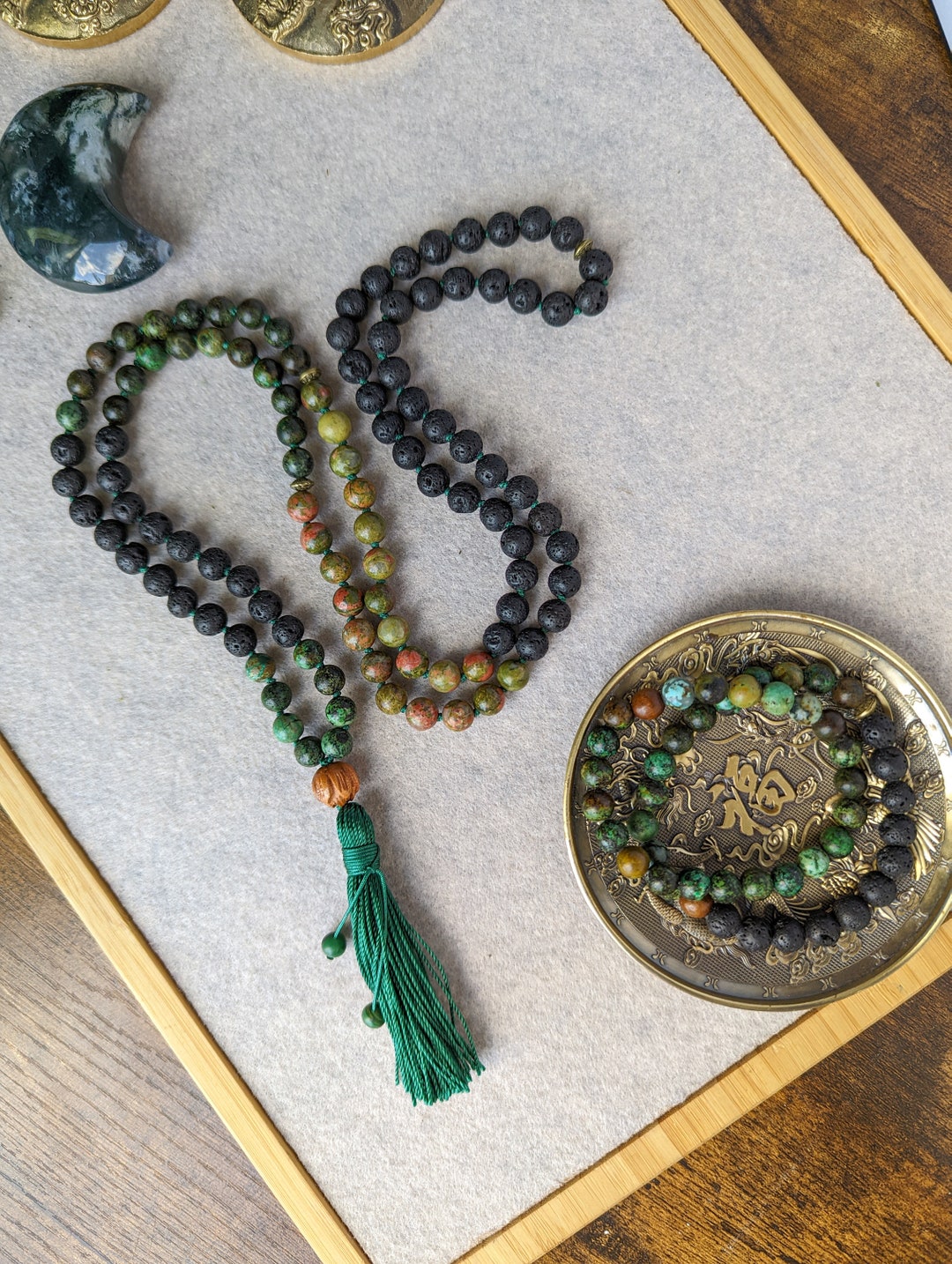 ROOT and HEART CHAKRA Mala, Lava Rock Necklace, 108 Mala Beads ...
