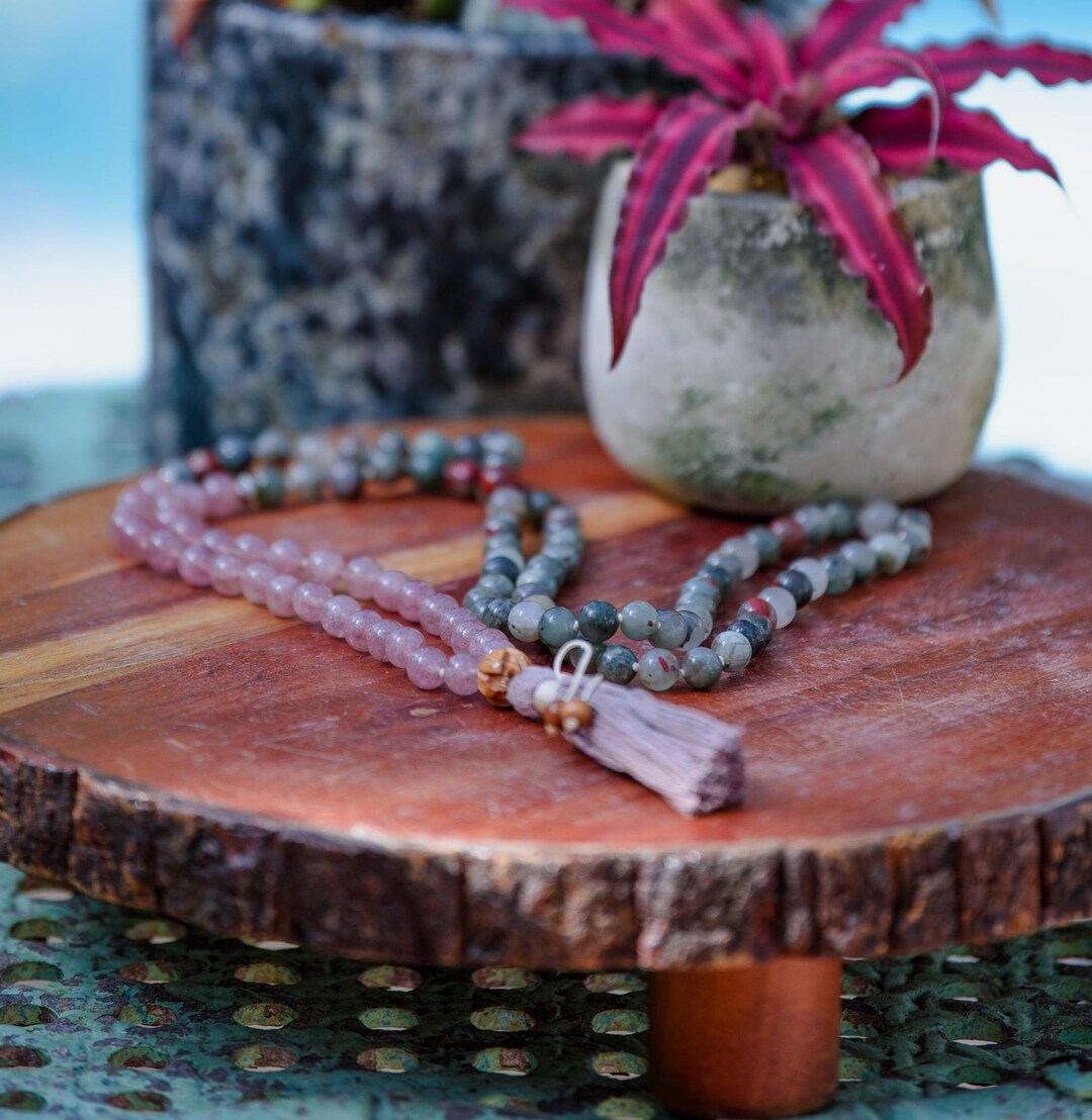 Bloodstone & Strawberry Quartz Mala: Hand-knotted 108 Gemstone Necklace ...