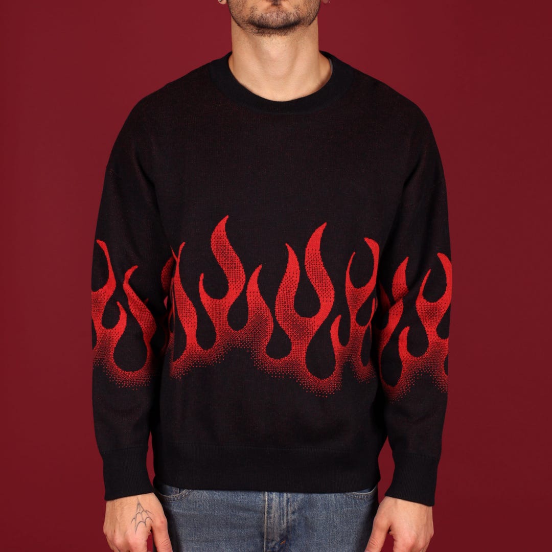 Y2K Flames Knit Sweater, Comfy 2000s Long Sleeve Pullover With Knit ...