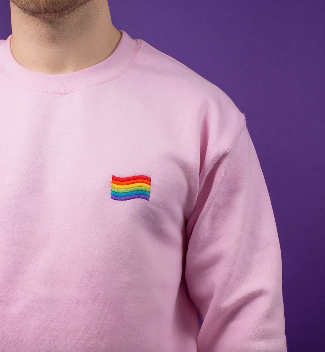 Gay Pride Sweater In Pink With An Embroidered Lgbt Rainbow Flag Queer T For Gay Pride Etsy