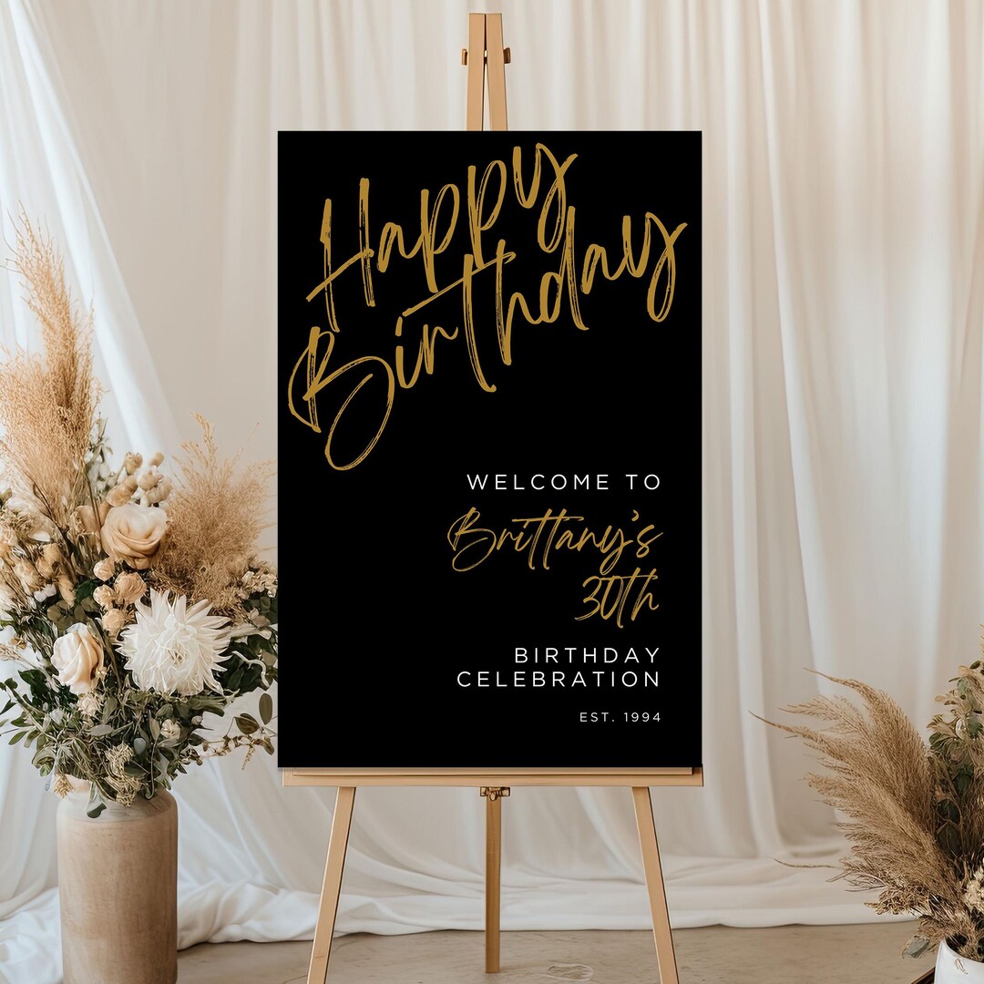 Black Gold Birthday Welcome Sign Editable Happy Birthday Sign Template ...