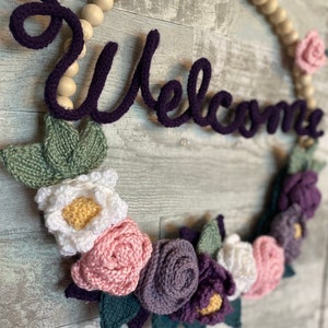 14” Hand Knitted Floral Wreath With Wooden Bead Covered Wire Frame - Etsy