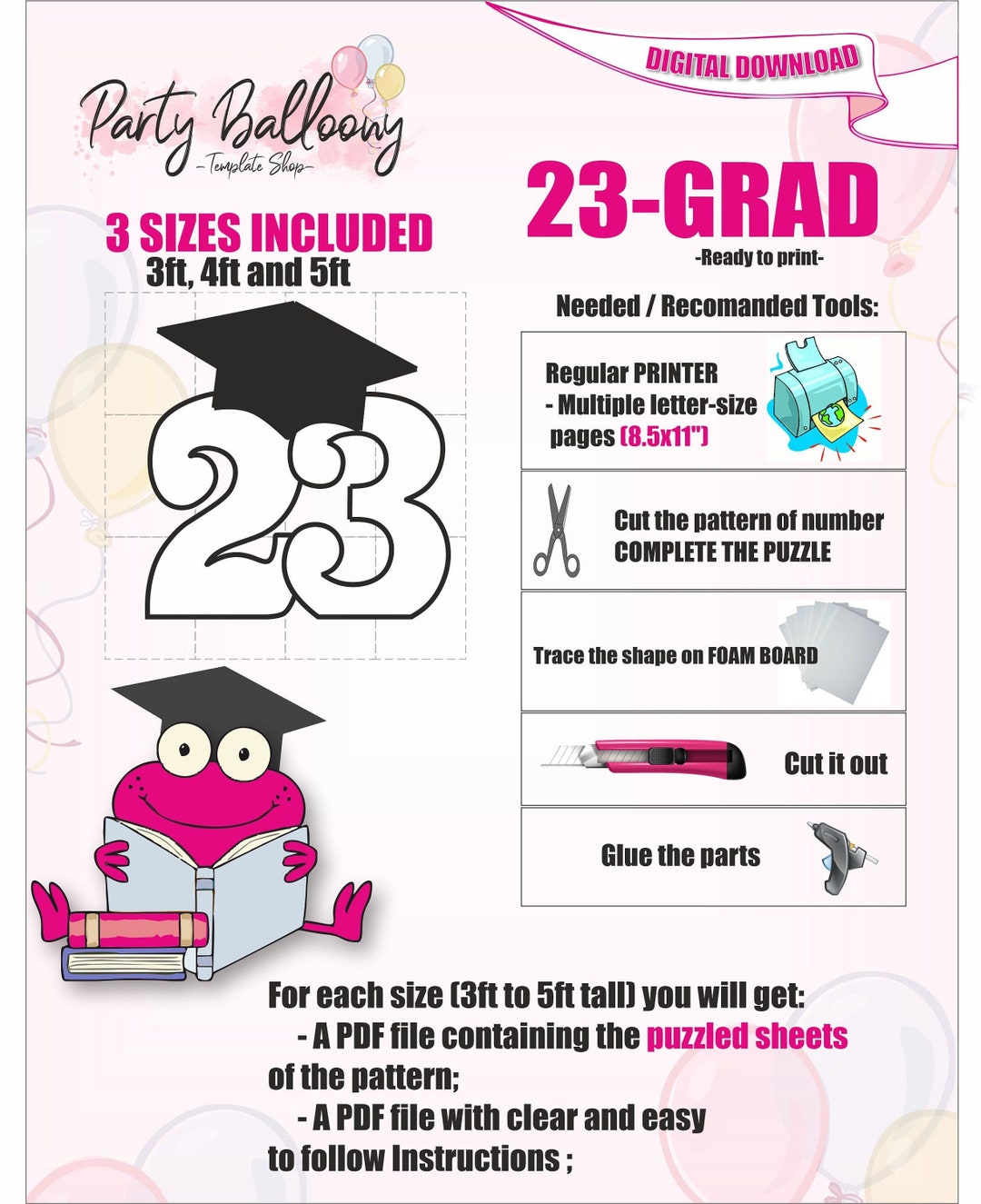 Mosaic 23 Graduation Cap From Balloons Template/3ft,4ft and 5ft Grad ...