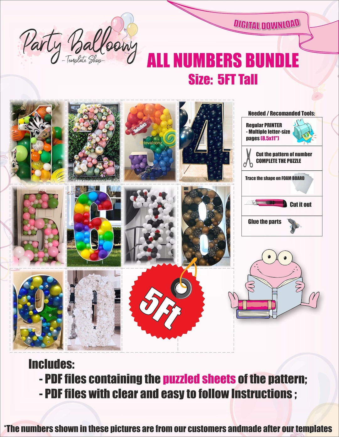 5ft All Numbers Bundle/mosaic From Balloons Templates/pdf Files + Step ...