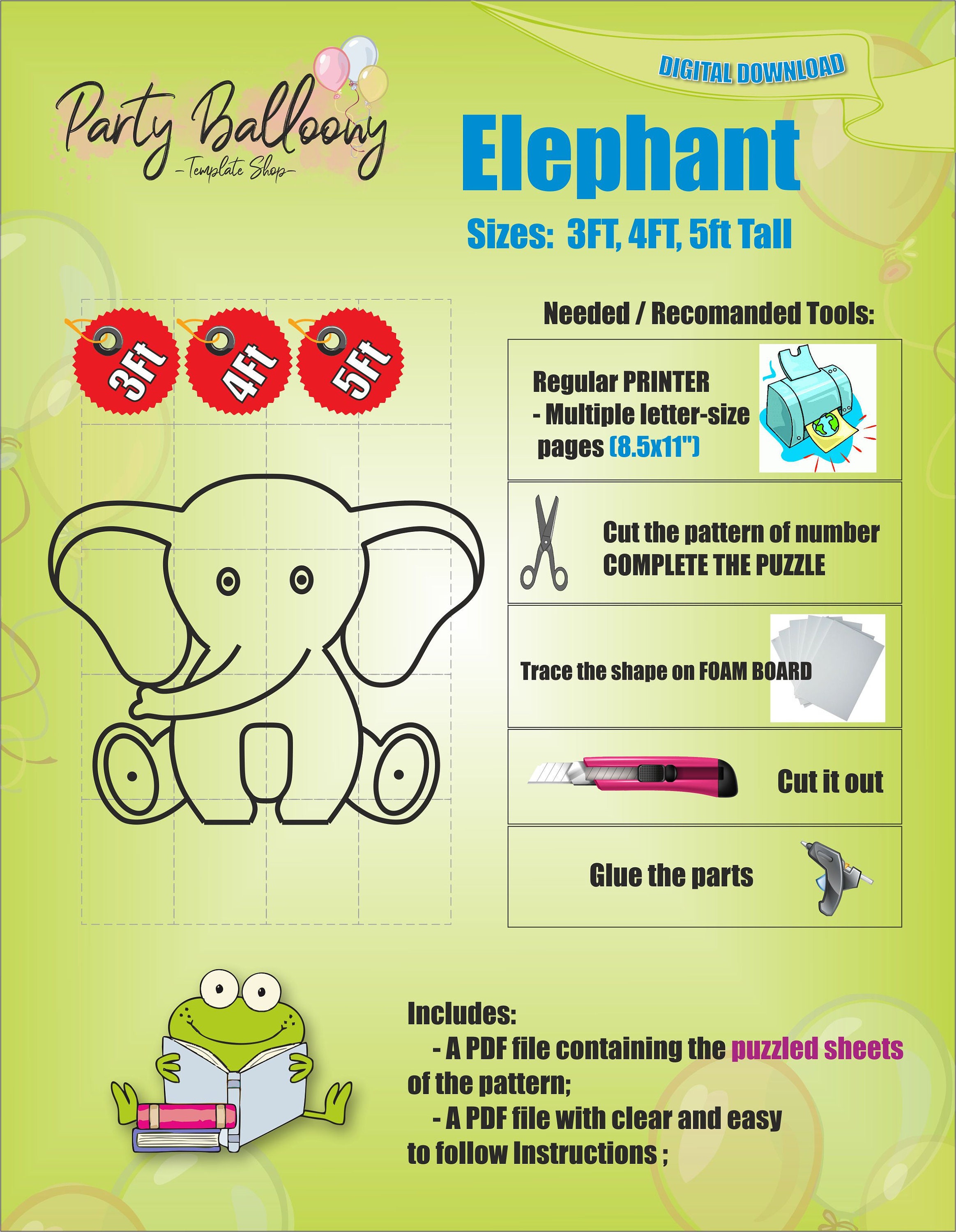 Mosaic Elephant Balloon Template/3ft, 4ft and 5ft Baby Elephant Mosaic ...