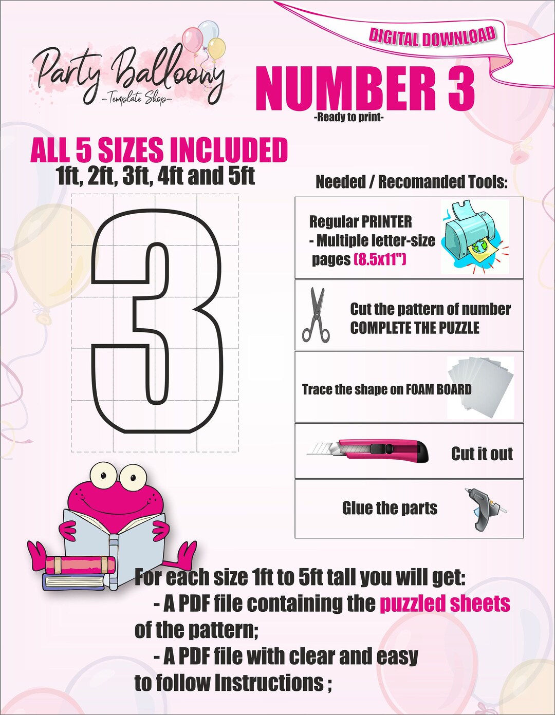 Number 3 All Sizes (from 1ft to 5ft)/mosaic Numbers From Balloons / PDF ...