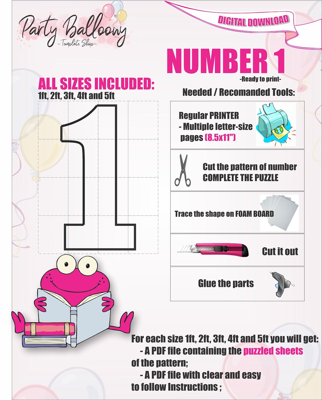 Number 1 All Sizes (from 1ft to 5ft)/mosaic Numbers From Balloons/pdf ...