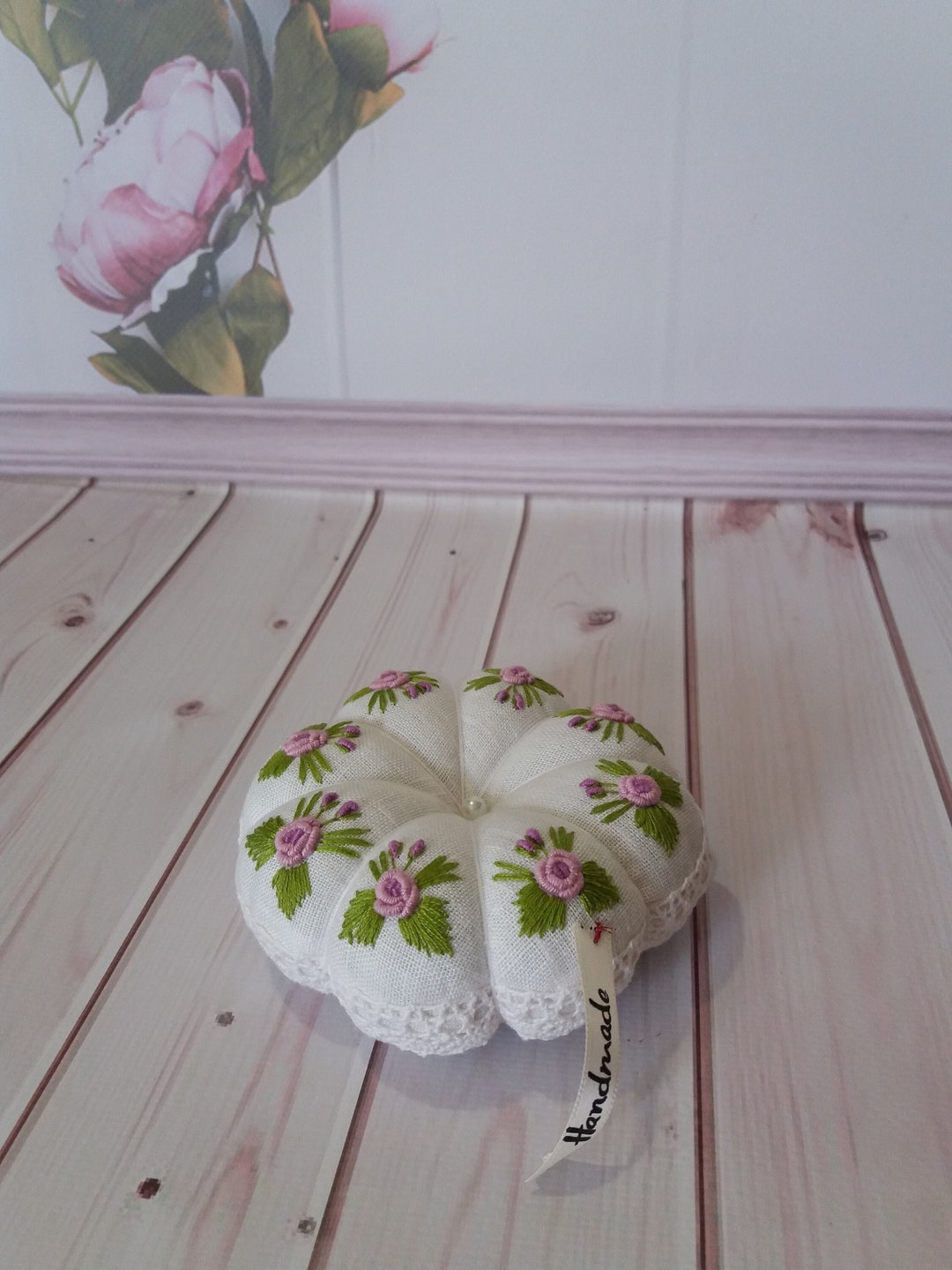 Handmade Linen Pincushion: Brazilian Embroidery Flower Pin Keeper a ...