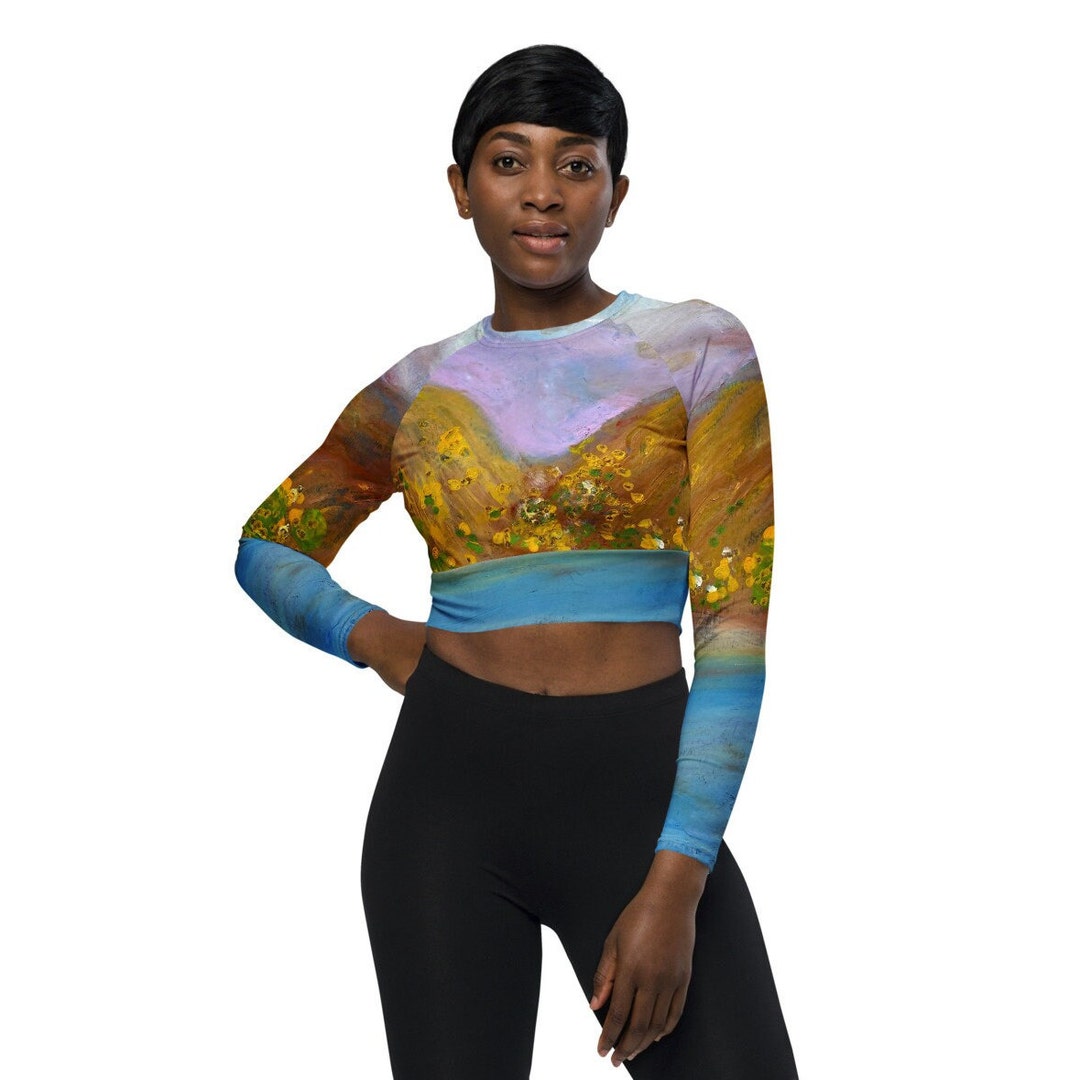 Artsy Tee Shirt, Floral Cove Design, Long Sleeve, Fitness Top, Fun ...