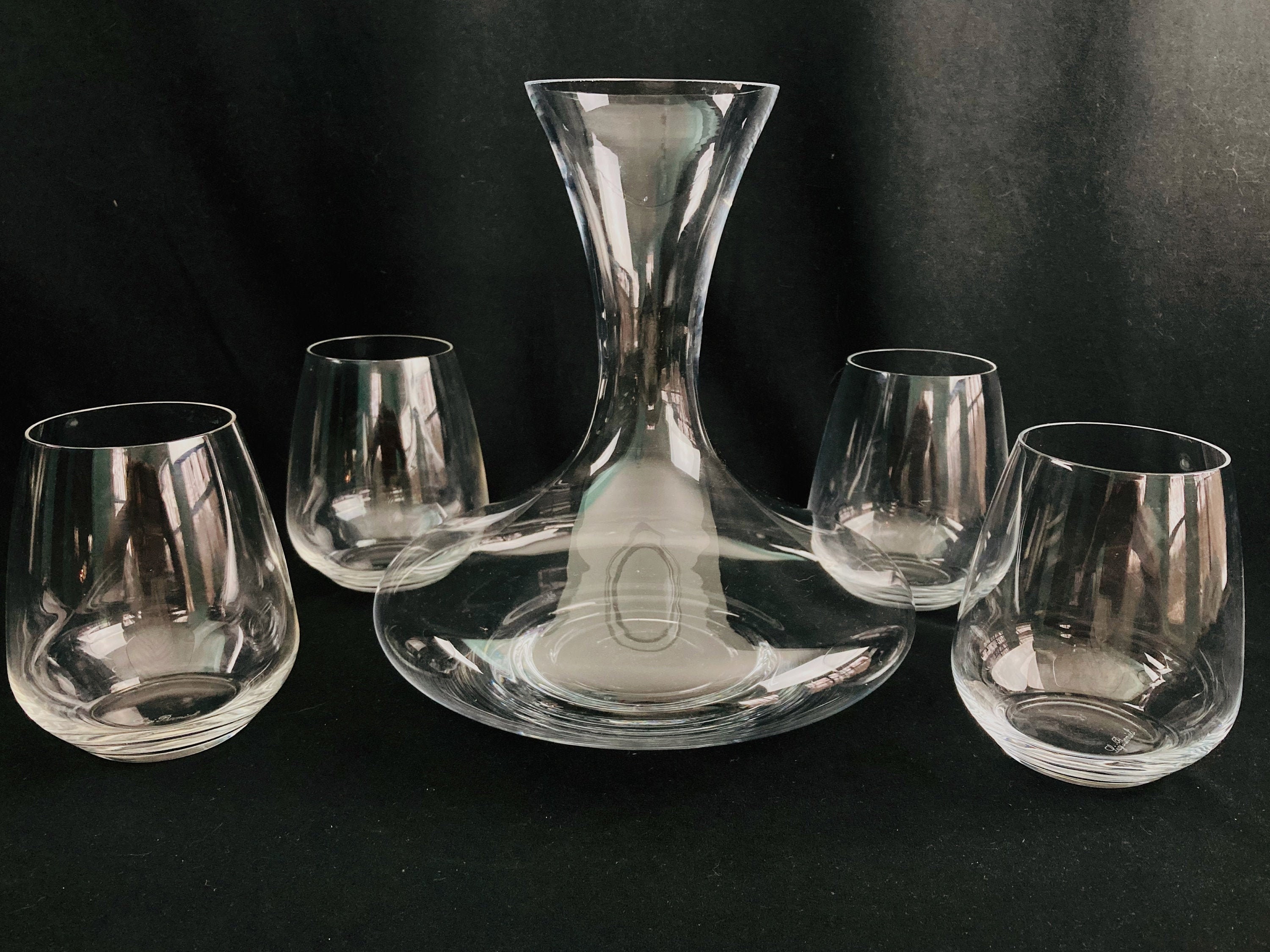 XXL Fine Crystal Decanter and 4 Large Stemless Wine Glasses/ Elegant ...