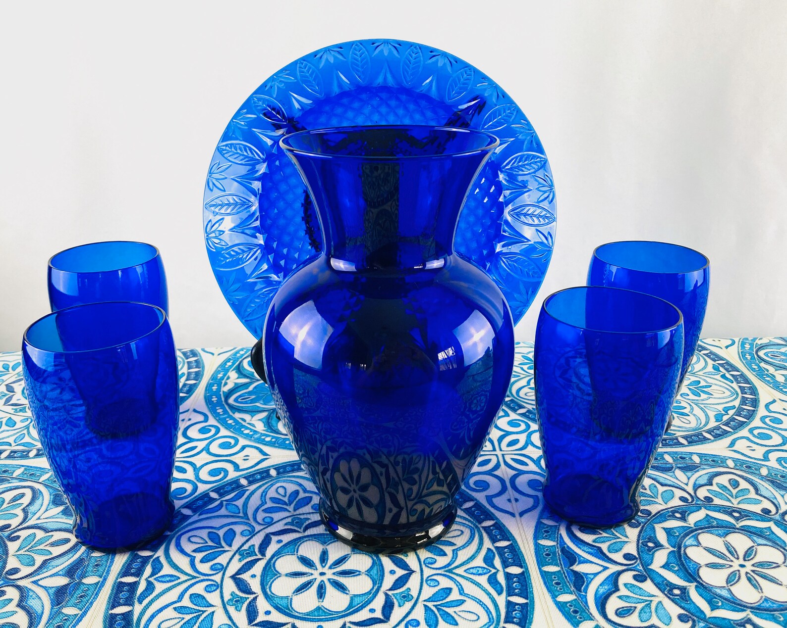 Vintage Cobalt Blue Glass Collection Large Vase 4 Tumblers - Etsy