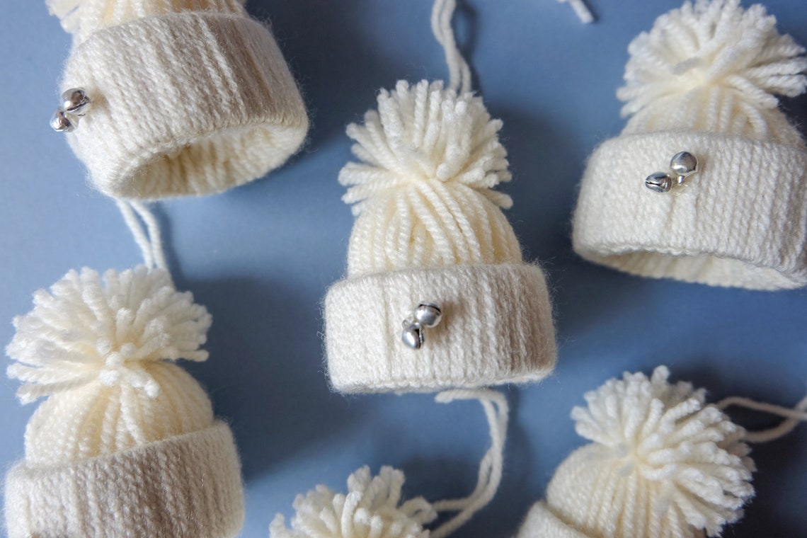 Handmade Wool Bobble Hat Christmas Tree Ornament Decorations in Cream ...