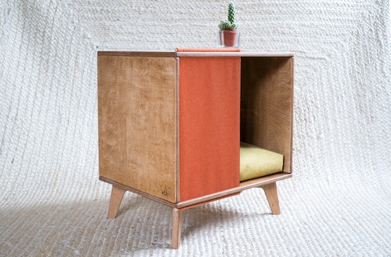 Houten dierenhuis met textielpaneel kattenhuis modern binnen - Etsy België