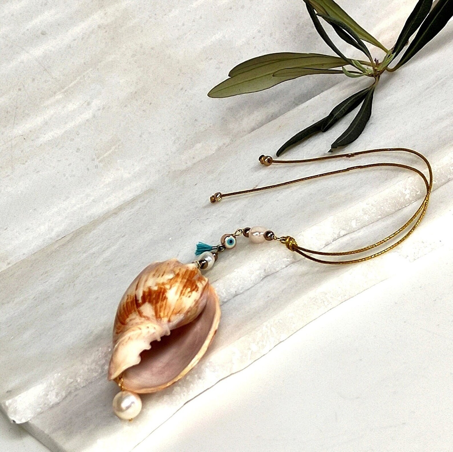 Aegean Sea Shells Car Hanger, Evil Eye Protection Charm, Pearl and ...