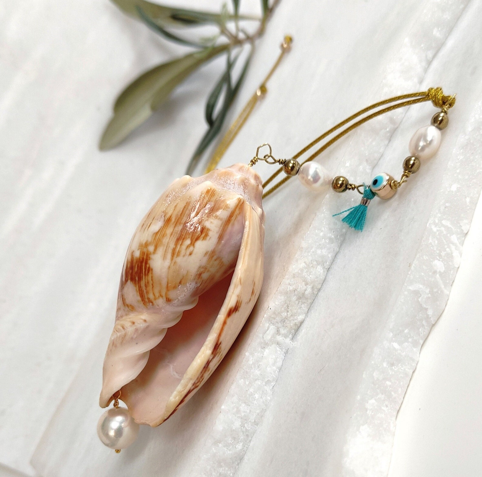 Aegean Sea Shells Car Hanger, Evil Eye Protection Charm, Pearl and ...