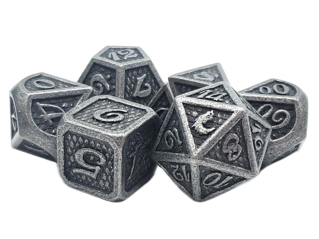 Dragon Scale - Ancient Silver Old School 7 Piece Dnd RPG Metal Dice Set ...