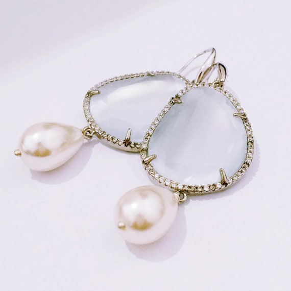 Silver Crystal and Mallorca Pearl Earrings chiaro Di Luna Etsy