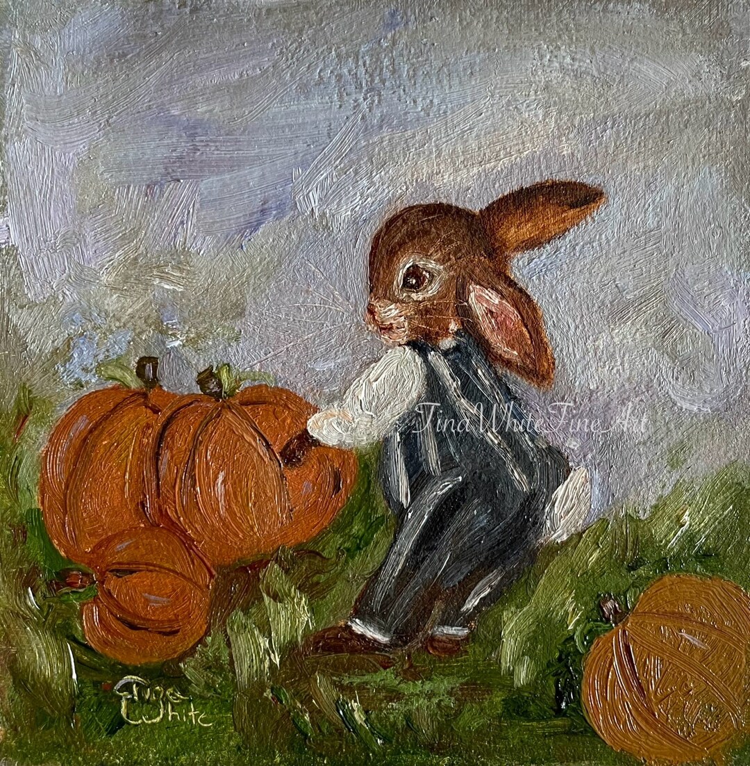 Bunny Rabbit Art little Pumpkin Picker Original Oil Painting by Tina ...