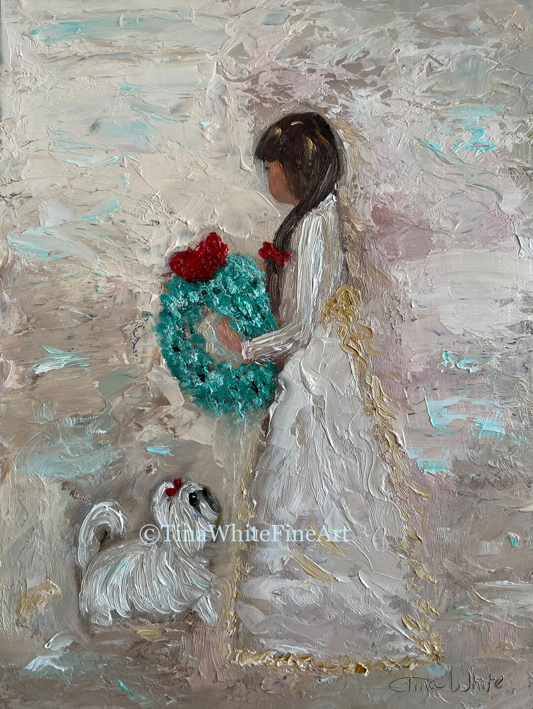 Maltese Dog Art wreathed in Joy Original Oil Painting by Tina White 6x8 ...