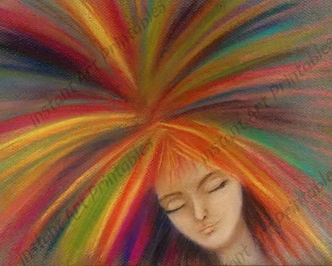 Original Portrait With Rainbow Hair, Digital Printable Wall Art in ...