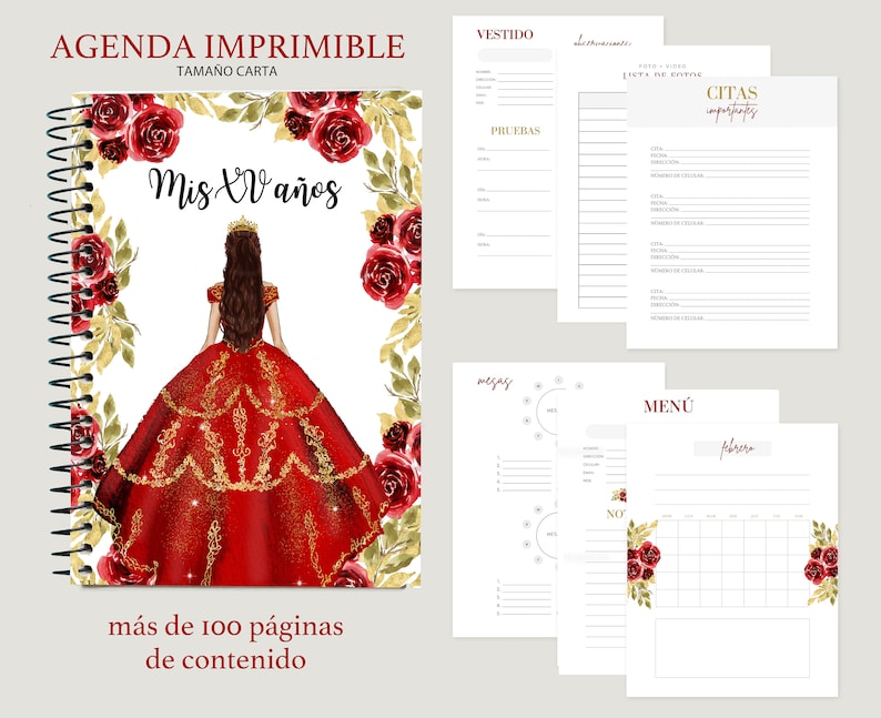 Agenda Para Quinceañera Imprimible En Español, Red Quinceanera Planner ...