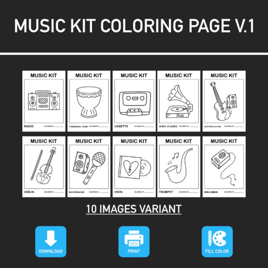 Music Kit Coloring Page: 10 Printable PNG & PDF Files - Etsy