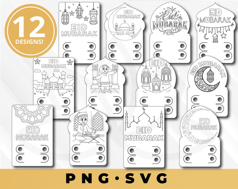 Eid Coloring Cards Bundle, Eid Crayon Holder, EID Mubarak Svg, Ramadan ...