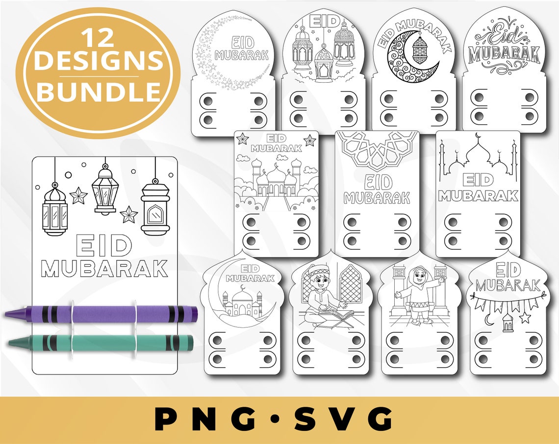 Eid Coloring Cards Bundle, Eid Crayon Holder, EID Mubarak Svg, Ramadan ...