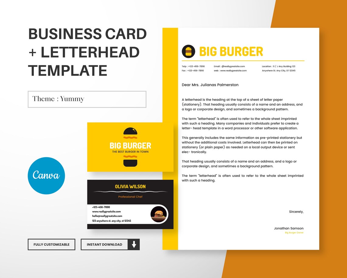 Business Card & Letterhead Template for Fast Food, Burger Business Card ...