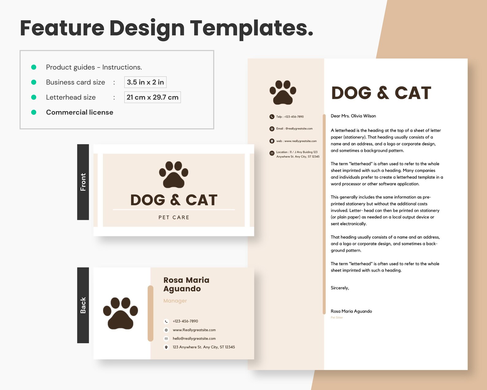 Business Card & Letterhead Template for Pet Business, Modern Card ...