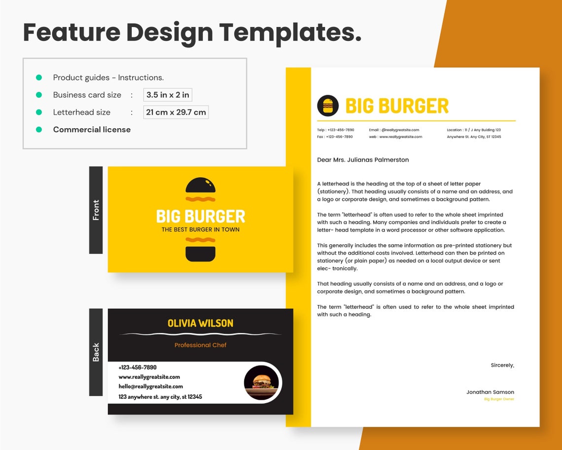 Business Card & Letterhead Template for Fast Food, Burger Business Card ...