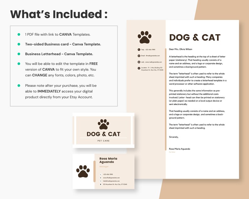 Business Card & Letterhead Template for Pet Business, Modern Card ...