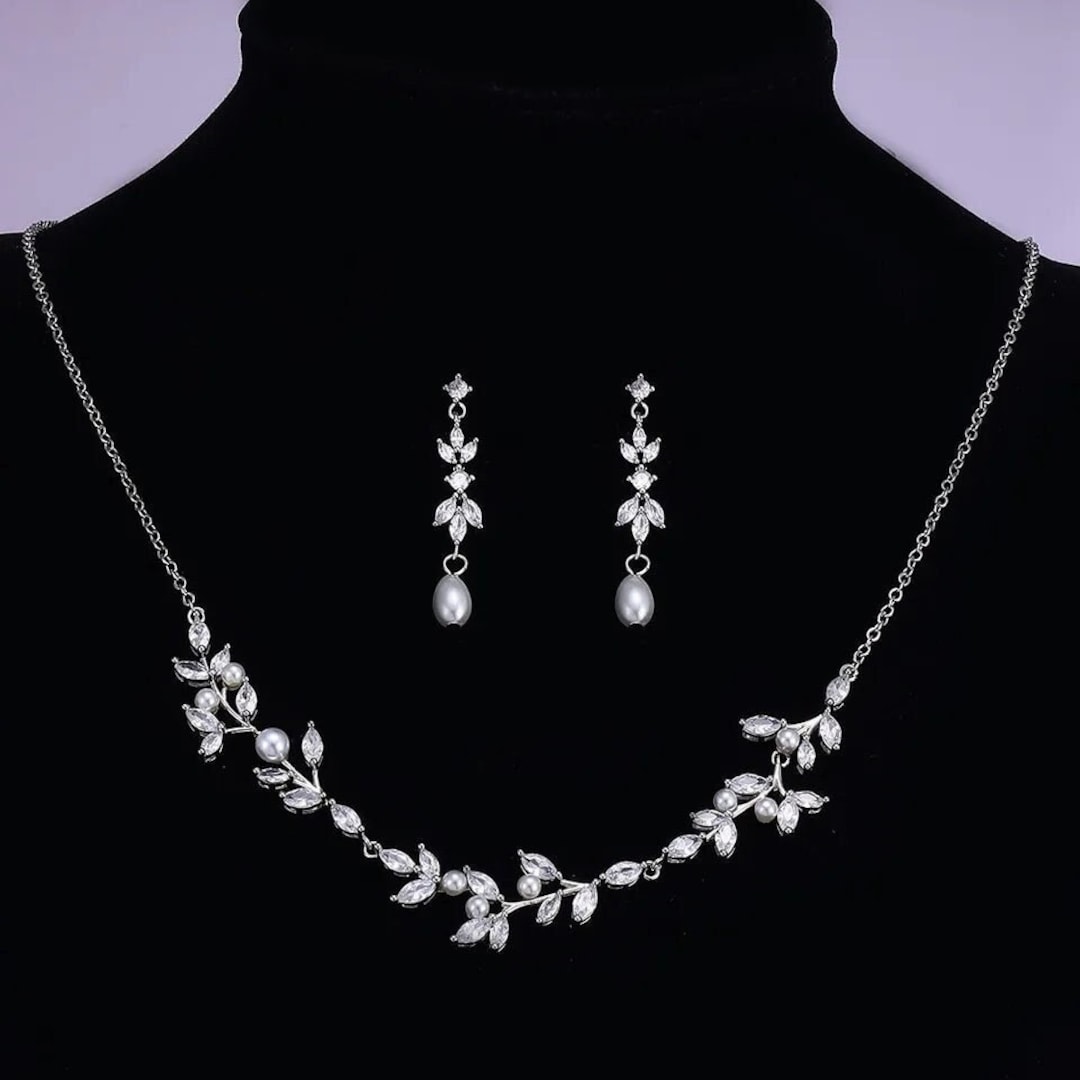 Simple Wedding Jewelry Set Pearl Wedding Necklace CZ Crystal - Etsy