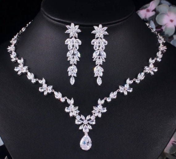 Silver Bridal Necklace Set Wedding Jewelry Set Silver Floral | Etsy