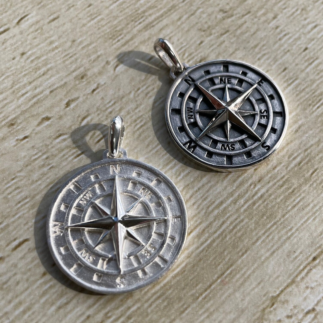 Sterling Silver Compass Necklace With Chain (bright Silver & Oxidized ...