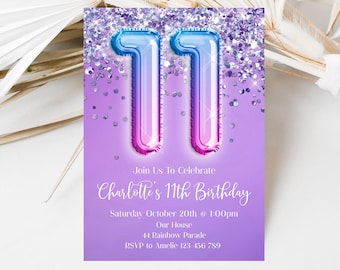 Purple 11th Birthday Invitation - Etsy