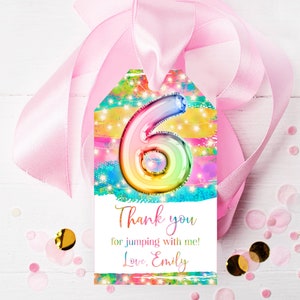 6th Birthday Printable Favor Tag, Pink Glitter Rainbow Trampoline ...