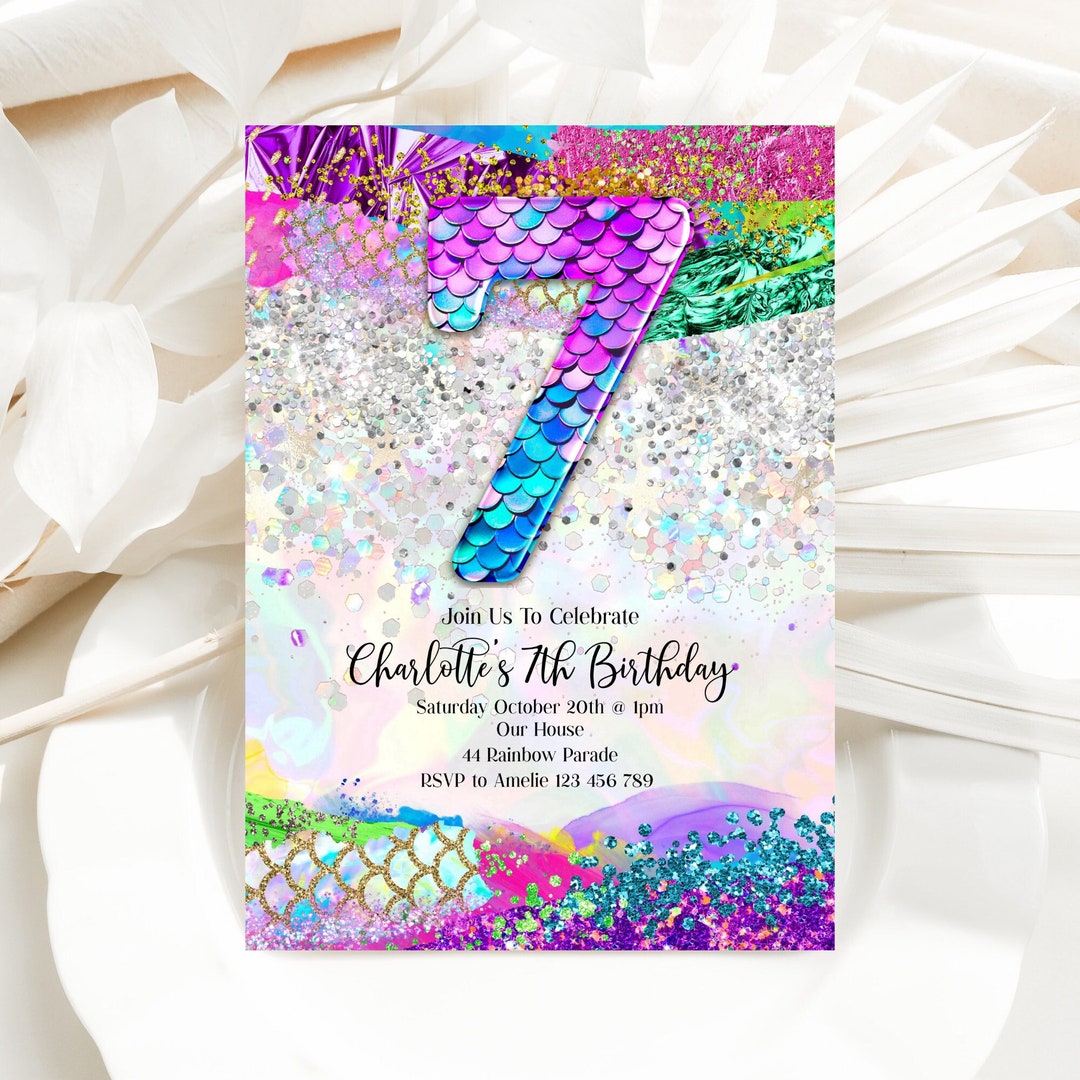7th Birthday Invitation Girl, Mermaid Invitation Birthday Mermaid Party ...