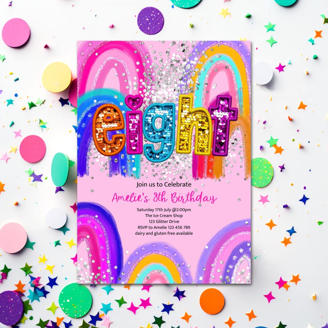 8th Birthday Invite, 8th Rainbow Editable Invite, 8th Printable Invite ...