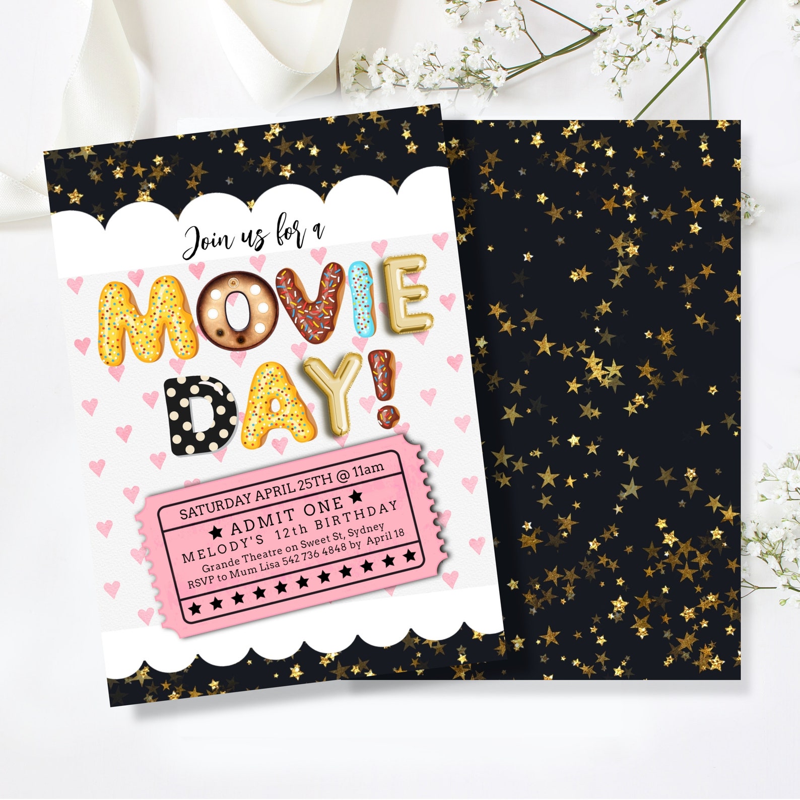Editable Movie DAY Birthday Invitation Girl Matinee Movie - Etsy