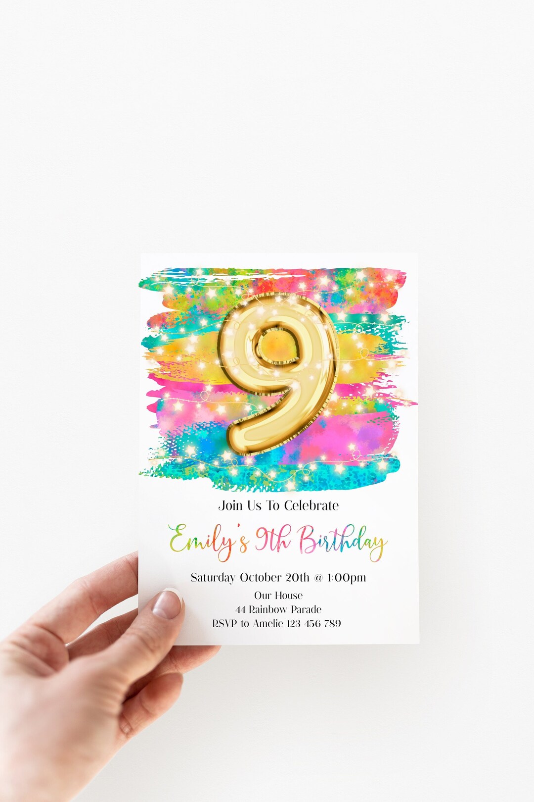 9th Birthday Invitation Editable Pink Fairy Lights Birthday Invitation ...