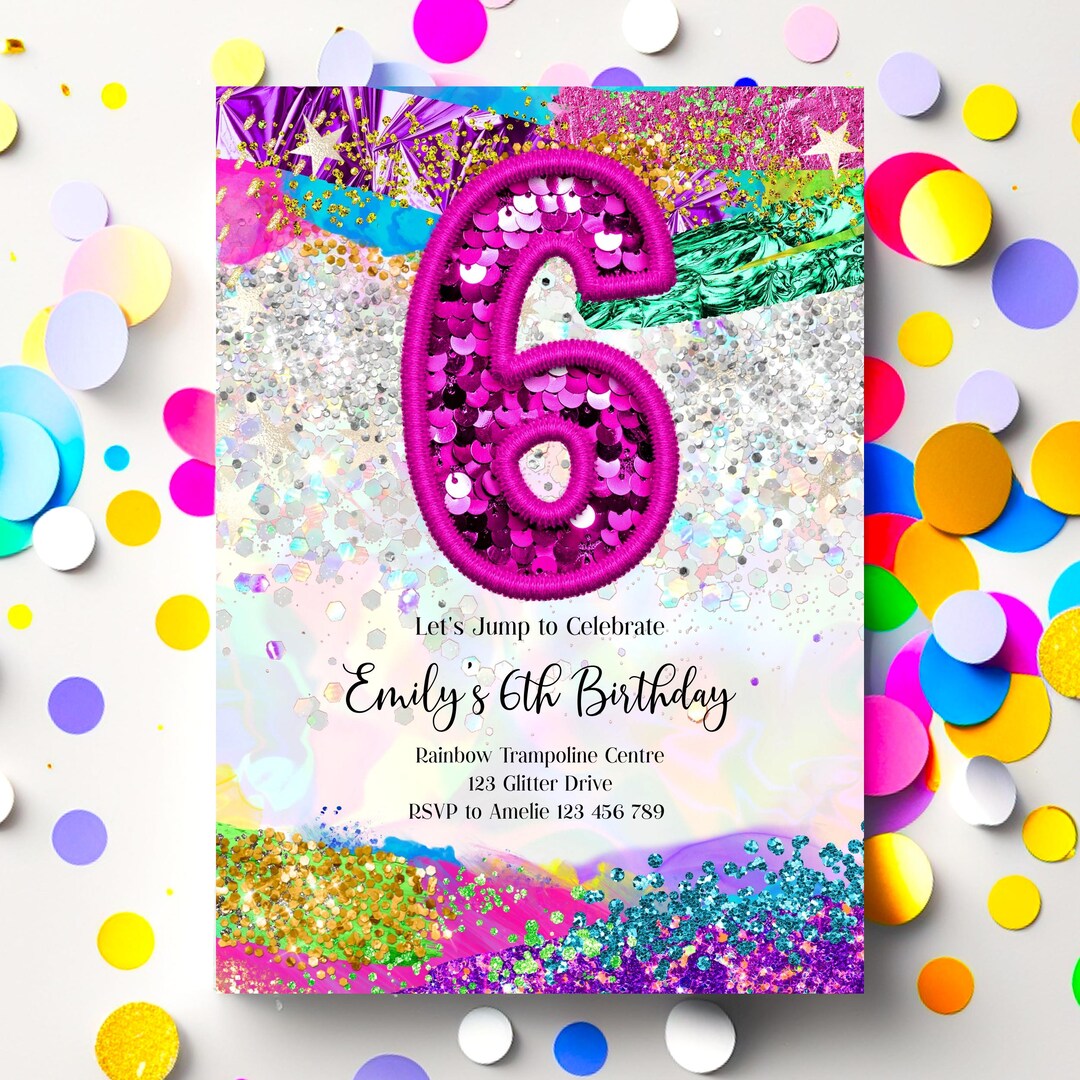 6th Birthday Invitation Girl, Sequin and Glitter Party, Jump Party ...