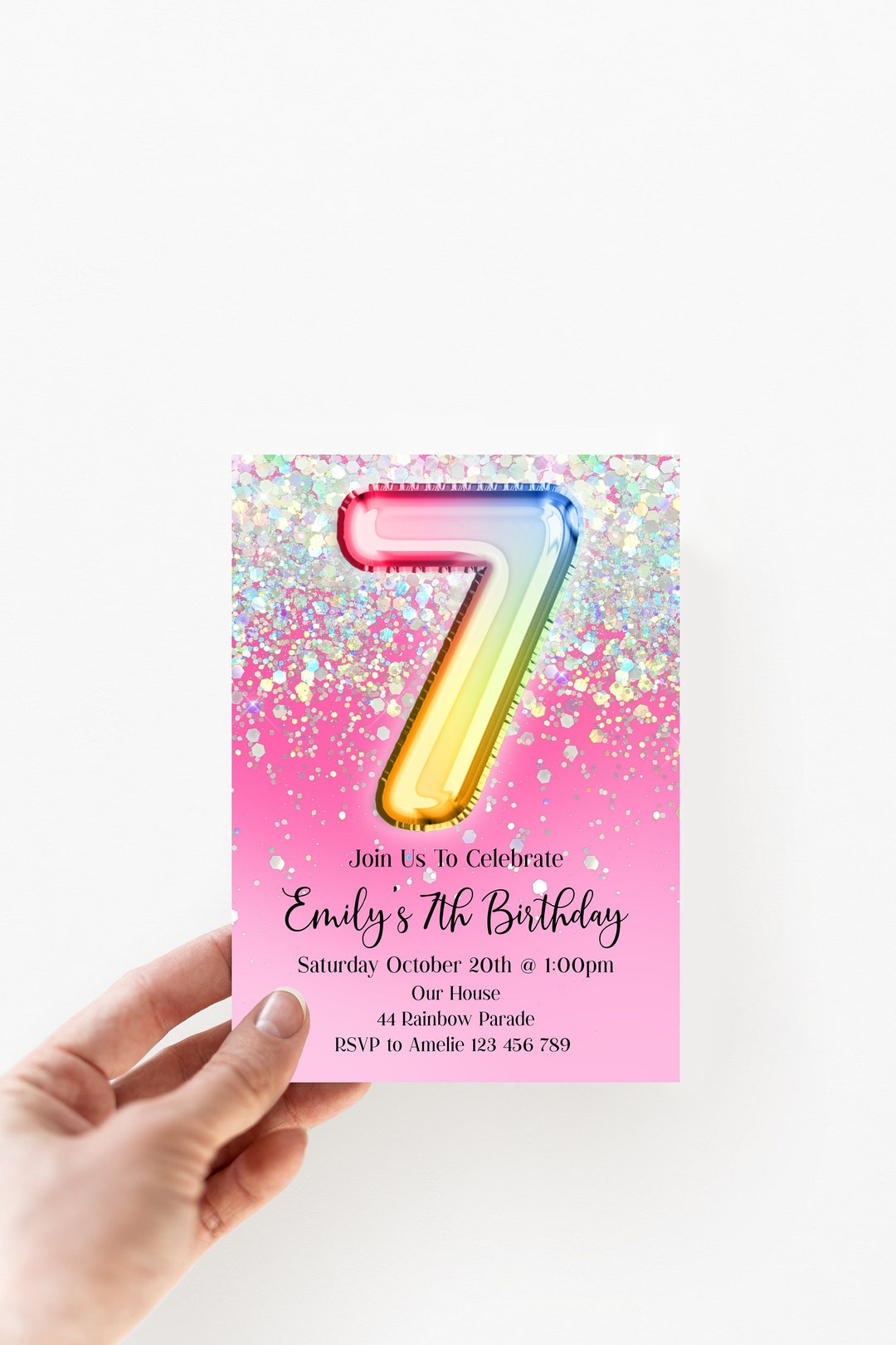 7th Rainbow Pink Birthday Invitation Editable Pink Glitter - Etsy