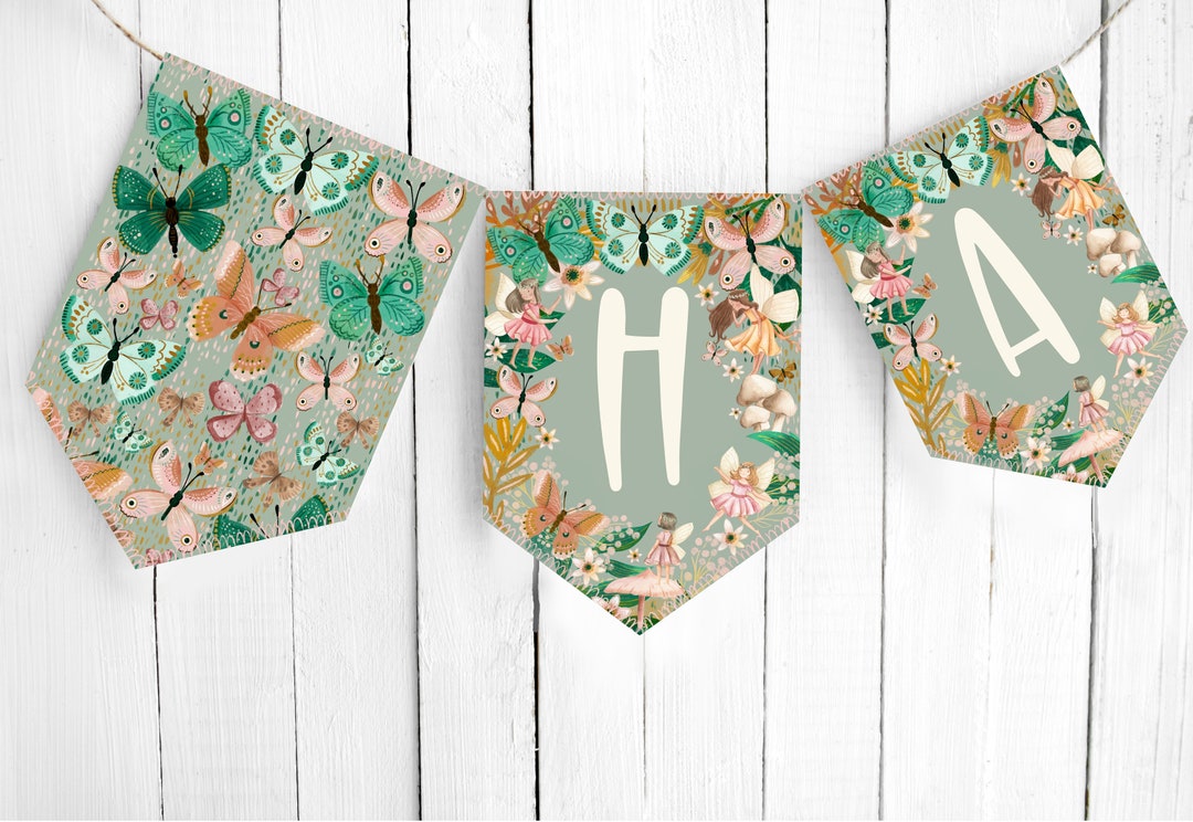 Fairy Birthday Printable Banner, Green Fairy Banner, Butterfly Banner ...