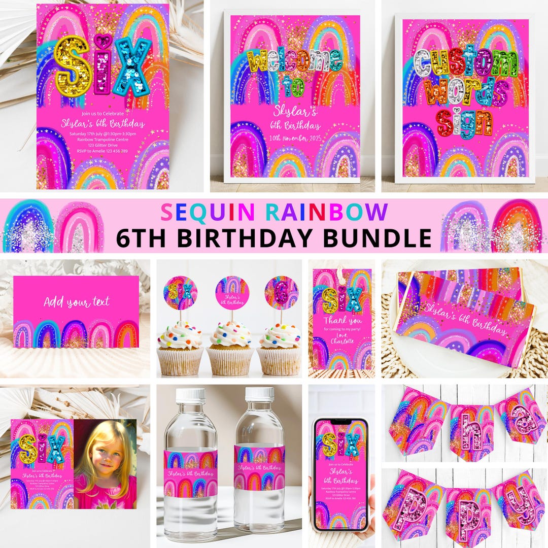 6th Birthday Bundle, 6th Rainbow Sequin Birthday Package, 6th Glitter ...