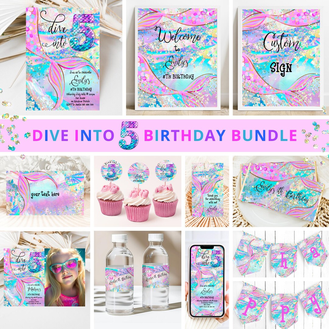 5th Birthday Mermaid Printable Bundle, 5th Dive Into 5 Birthday Party ...