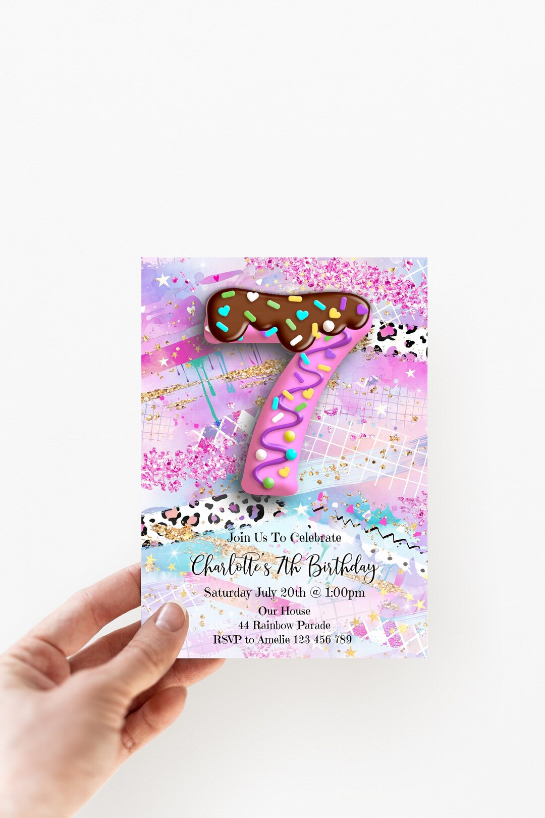 7th Birthday Invitation Girl, Editable Invite, 80's Neon Candy ...