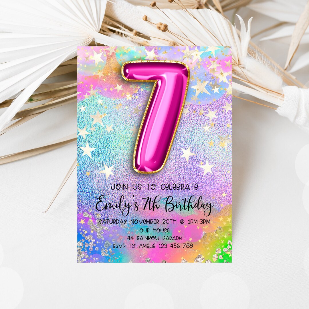Pink 7th Birthday Invitation Editable Purple Birthday - Etsy