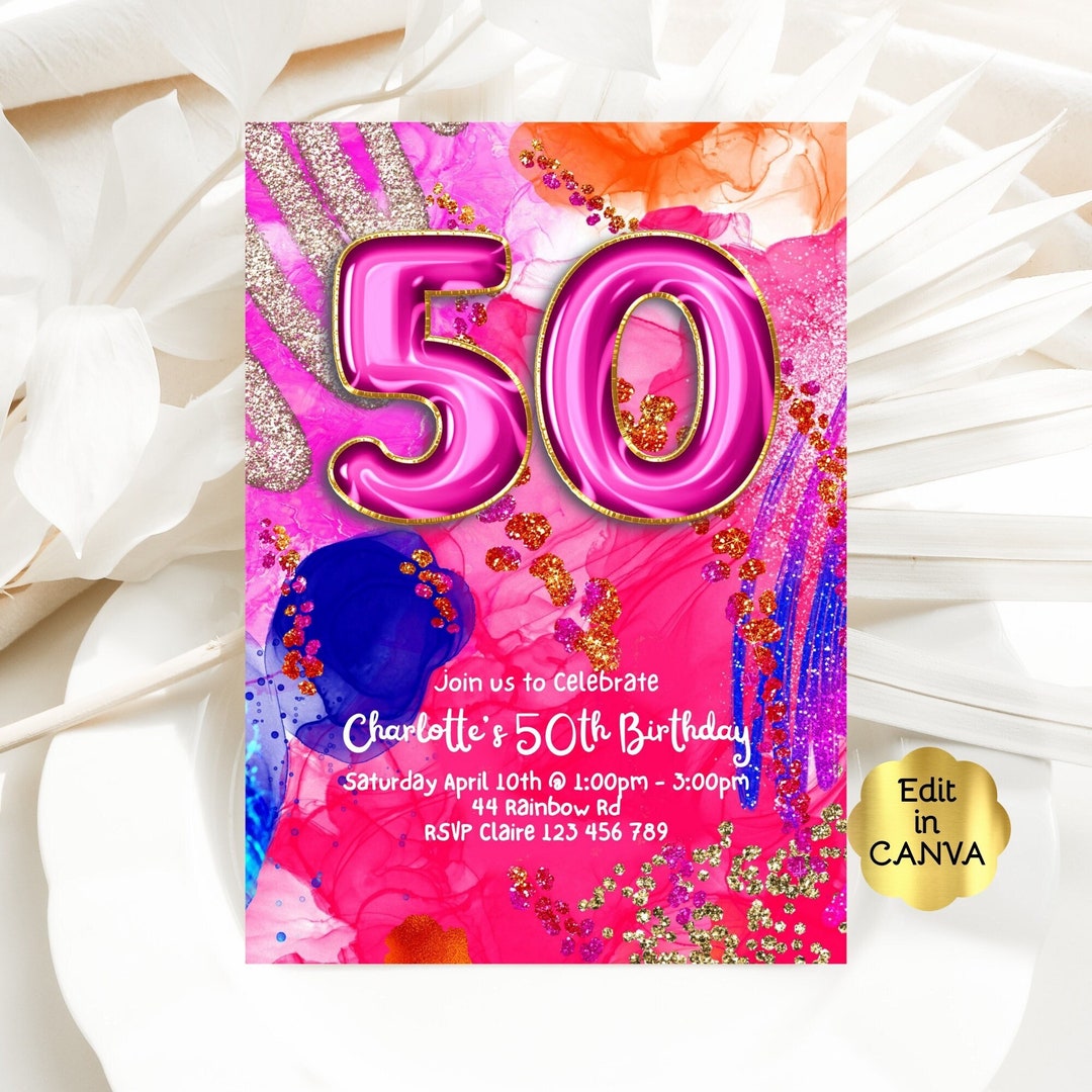 Editable 50th Birthday Invitation, Hot Pink Gold Glitter 50th Party ...