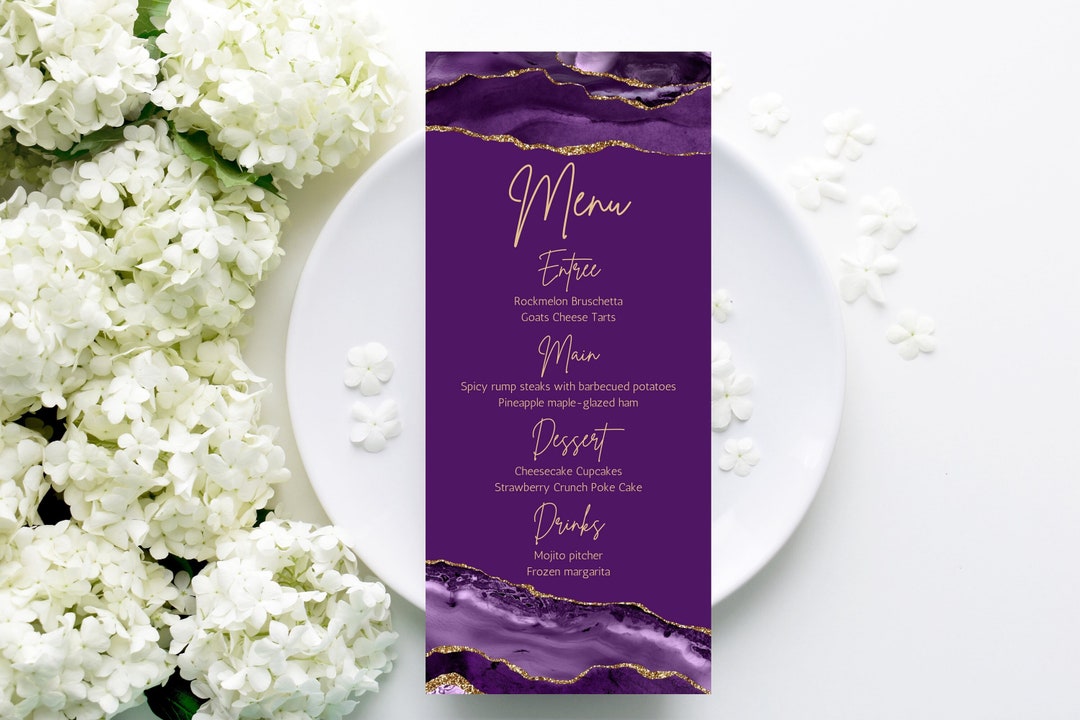 Editable Menu Template Purple and Gold Dinner Party Agate Printable ...